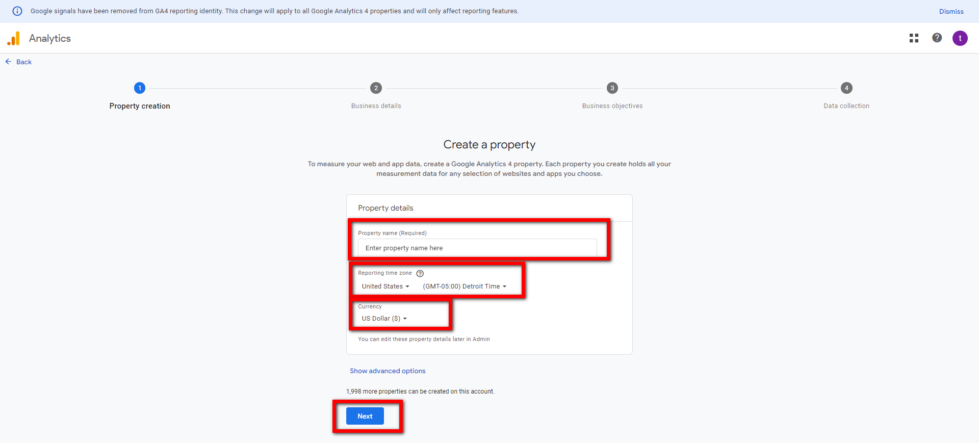 How to create a GA4 property from an existing account